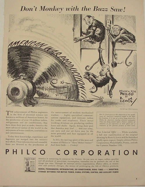 1942 WWII PHILCO HITLER Tojo MUSSOLINI as Monkeys Ross A. Lewis Print ...