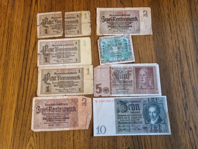8 X GERMANY Rentenmark Reichsmark bank notes : 1923 - 1944 £0.01 ...