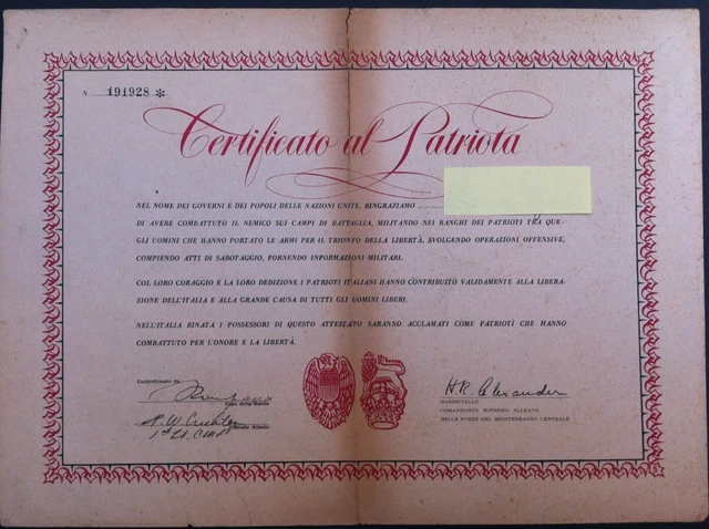 DIPLOMA DI PARTIGIANO. Certificato al Patriota, firma del Capo Banda e ...