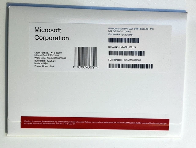 MICROSOFT WINDOWS SERVER 2025 Datacentre 64Bit ENG DSP OEI 32 Core DVD ...