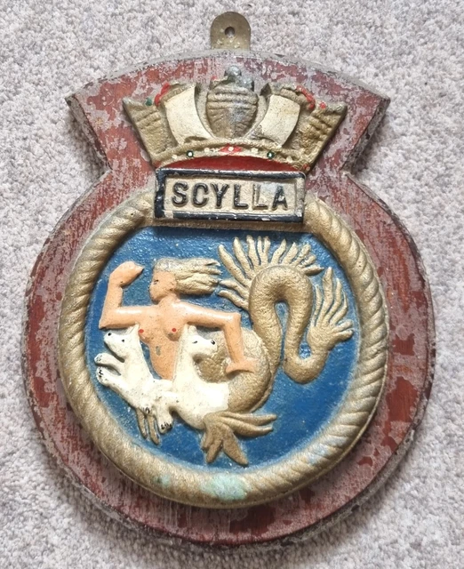 ORIGINAL WW2 ROYAL Navy HMS SCYLLA Brass Metal Wall Plaque Crest Shield ...