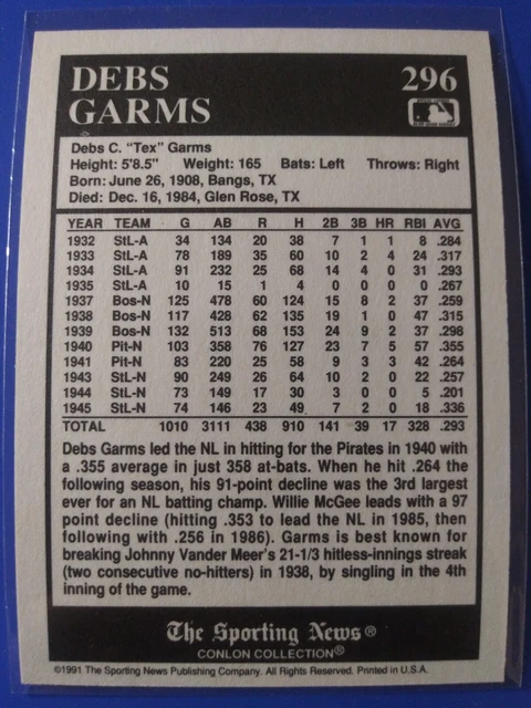 1991 THE SPORTING News Conlon Collection Debs Garms Card #296 marron St ...