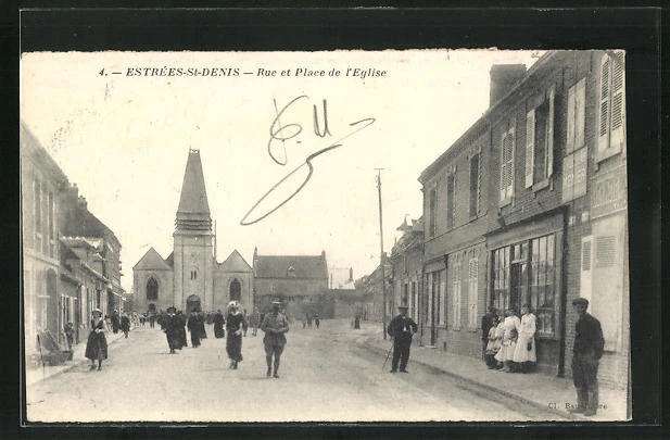CPA ESTRÉES ST-DENIS, Rue et Place de l´Eglise, vue partielle EUR 2,00 - PicClick FR