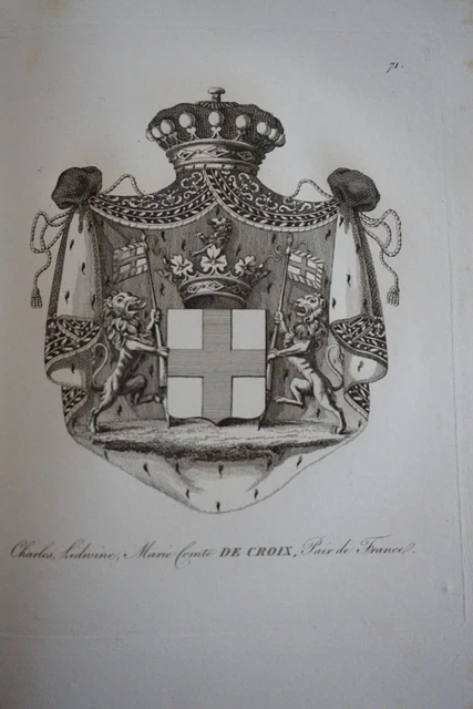 GRAVURE BLASON HERALDIQUE Comte De Croix Heuchin Armoiries Restauration ...
