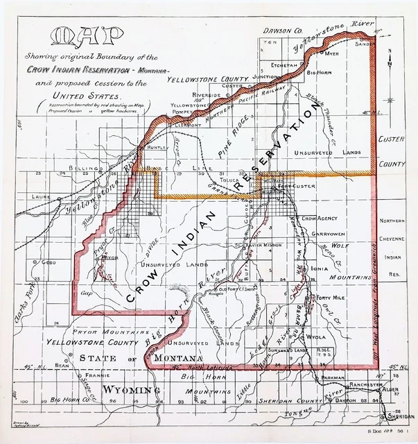 FORT CUSTER MONTANA 1889 MAP ORIGINAL Crow Indian Cession Big Horn ...