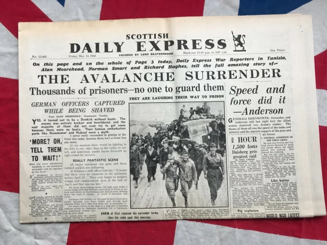 WW2 NEWSPAPER COPY 1943 Germans Surrender in Tunisia Wartime History £5 ...
