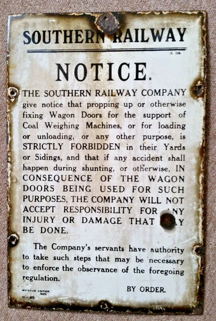 GENUINE 1925 SOUTHERN Railway NOTICE WATERLOO Enamel Sign 18" x 12" £ ...