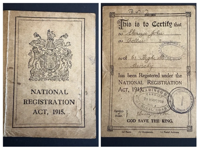 ORIGINAL WW1 NATIONAL Registration Card. Ebeneezer John, Collier From ...