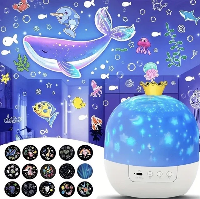 KIDS 360° ROTATING Crown Star Projector Night Light 15 Film USB Bedroom ...