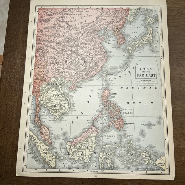 ANTIQUE COLORFUL 1908 Map Of China & Far East 13.5 x 10.5 Inches £21.92 ...