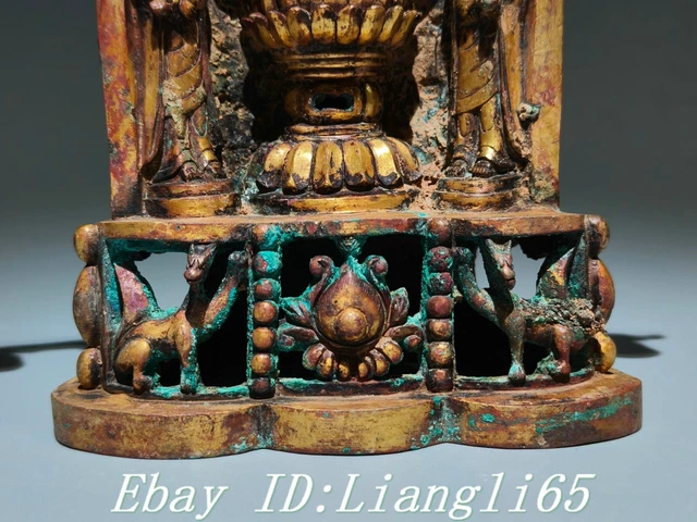 8.8& OLD BRONZE Ware 24K Gold Shakyamuni Kwan-yin Protector Deity ...