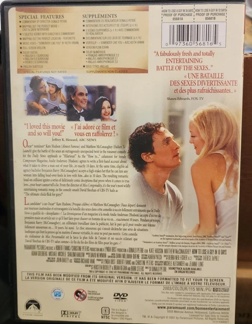 HOW TO LOSE a Guy in 10 Days (DVD, 2003 LN) McConaughey/Hudson ...