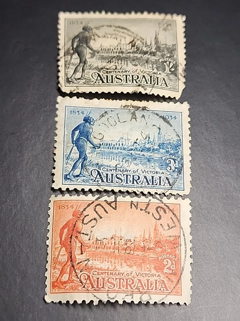 AUSTRALIA POSTAGE STAMP Centenary of Victoria 1934 Black, Blue & Red ...