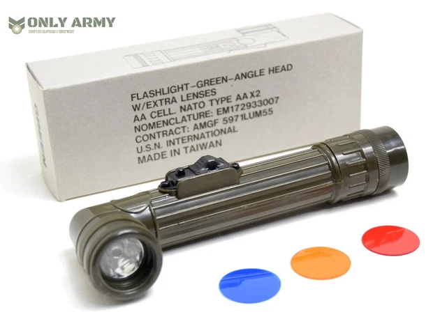 BRITISH ARMY MINI Angle Torch Flashlight With Filter Olive Green Cadet ...
