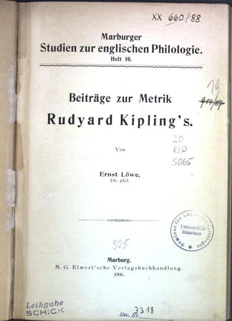 BEITRÄGE ZUR METRIK Rudyard Kipling's; Marburger Studien zur englischen Philolog EUR 32,75 ...