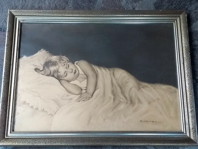 GEMÄLDE &SCHLAFENDES KIND& Sepia Druck E. Denzel 79x61mit Schmuckrahmen ...