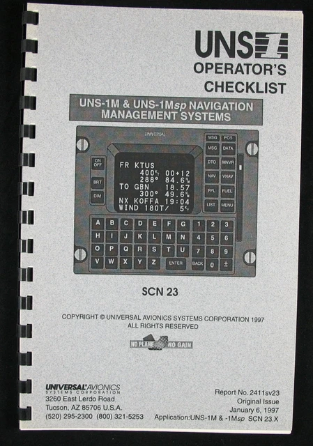 UNIVERSAL AVIONICS 1997 UNS-1M UNS-1Msp UNS1 Operators Checklist SCN 23 ...