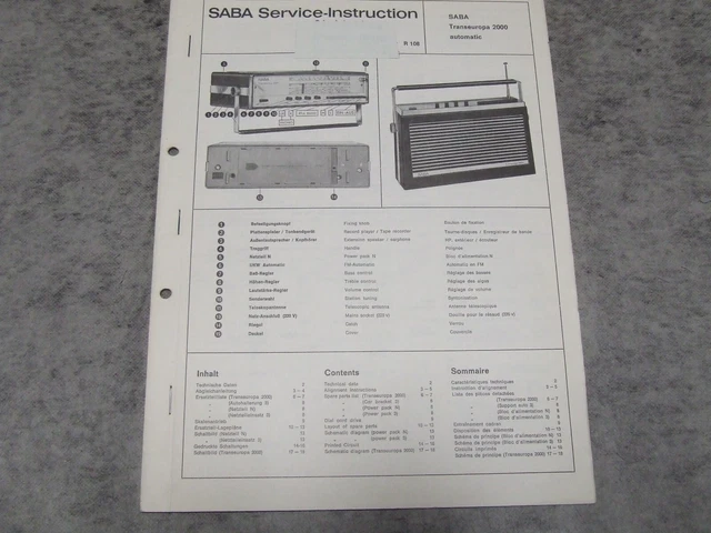 SCHALTPLAN SERVICE MANUAL für Kofferradio Radio SABA Transeuropa 2000 ...
