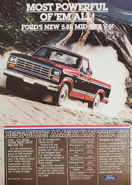 FORD TRUCK PRINT Ad Mid Size V-8 Pickup Best Selling Advertisement 1984 ...