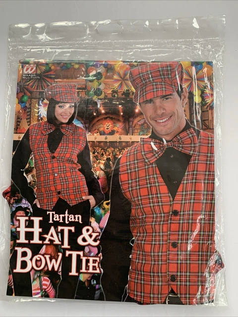 ADULT RED TARTAN Cap Large Bow Tie Scottish Burns Night Fancy Dress £9. ...