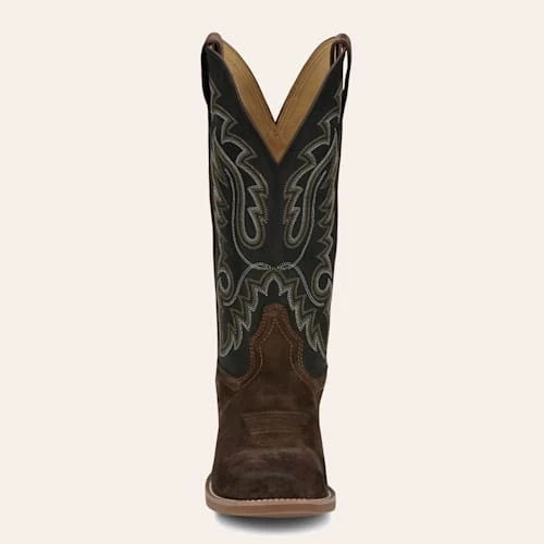 JUSTIN MEN’S FRONTIER Brown Suede & Black Goat Punchy Toe Cowboy Boots ...