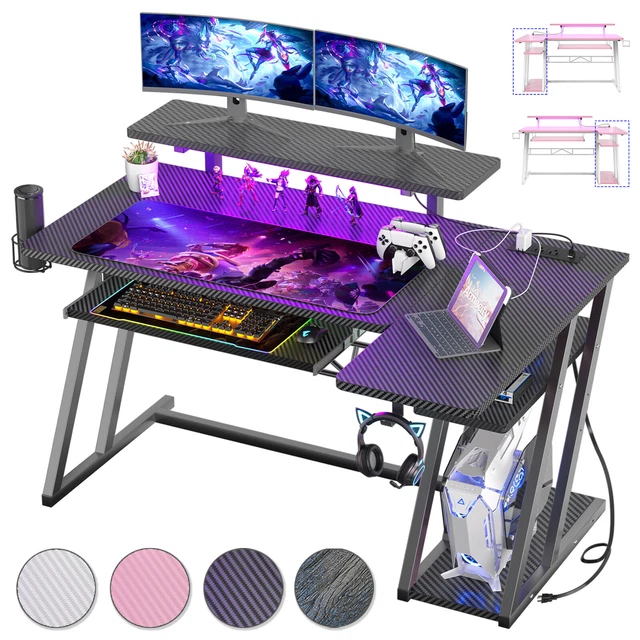 47'' L SHAPED Gaming Desk Computer Table with Monitor Stand LED Lights ...