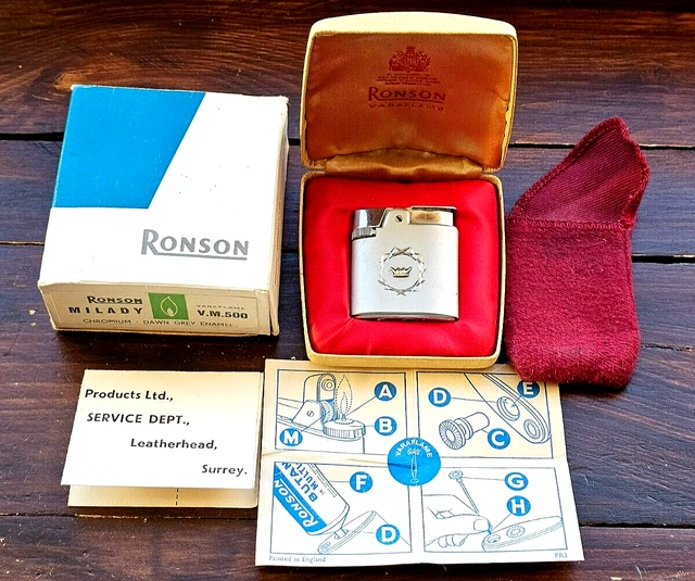 RARE VINTAGE RONSON VARAFLAME Gas Lighter Orig.Box, Pouch, Instruction ...