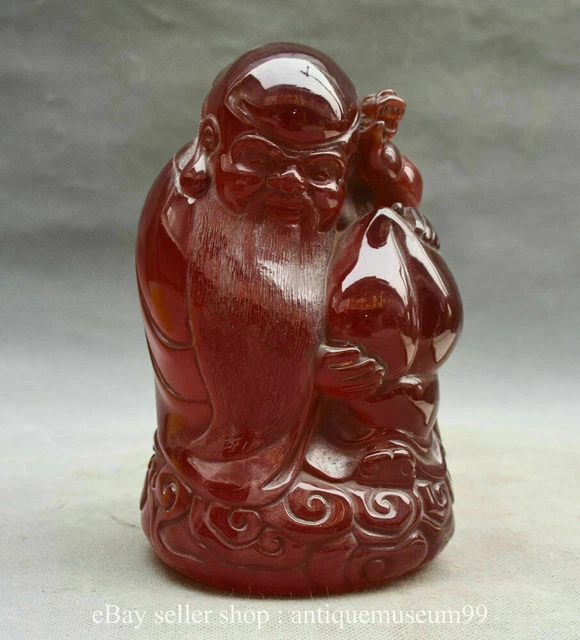 8& CHINESE RED Amber Carved Shouxing long life longevity God Peach ...