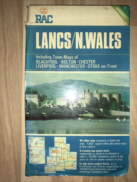 VINTAGE RAC MAP Lancs/N.Wales Blackpool Bolton Chester Liverpool ...