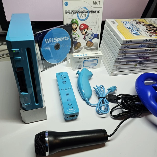 NINTENDO WII BLUE Console Bundle Games Mario Kart Wii Sport & Motion ...