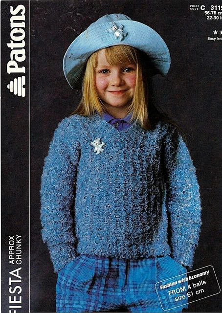 PATONS FIESTA CHUNKY Easy knit knitting pattern Girl's V Neck Sweater £ ...
