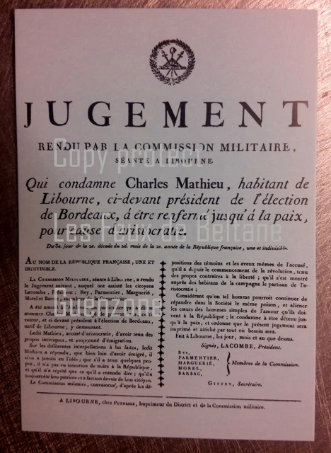 AFFICHE LIBOURNE PRISON aristocrate Charles Mathieu Revolution carte ...
