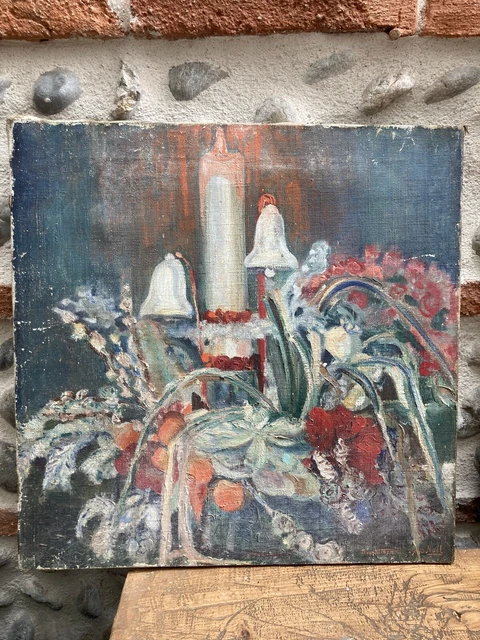 TRÈS BELLE PEINTURE Toile Tableau Ancien 1930 Art Deco Bouquet Fleur ...