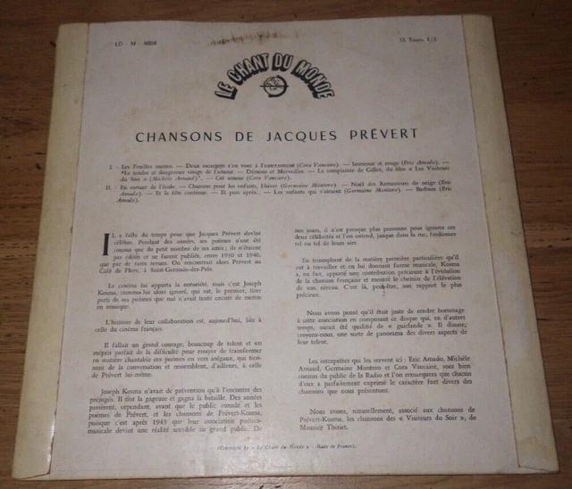 ANCIEN VINYLE 33T 1/3 - Chansons de Jacques PREVERT - LD-M-4004 EUR 5 ...