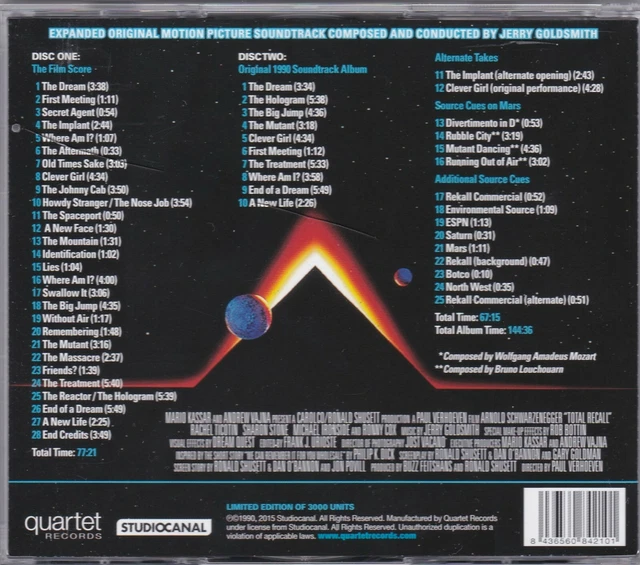 JERRY GOLDSMITH - Total Recall: Original Soundtrack (CD, 2 Disc set) £ ...