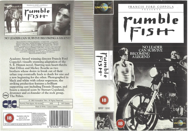 FRANCIS FORD COPPOLA'S "Rumble Fish" - PAL VHS - BRP 1990 £2.48 ...