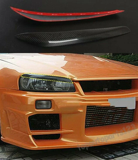 FIT NISSAN SKYLINE GTR GT-T R34 Carbon Fiber Headlight Eyebrow Eyelids ...