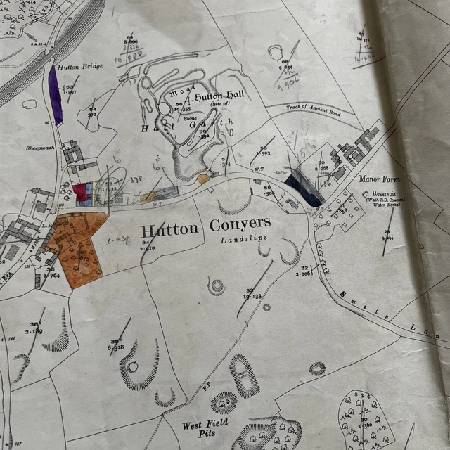 VINTAGE SURVEYOR TOWN Map Plan 1929 Yorkshire Hutton Conyers LNER rail ...