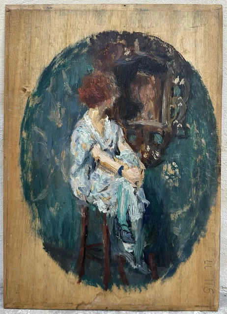 TABLEAU ANCIEN RECTO/VERSO Portrait Femme Miroir + Plage Peinture à ...