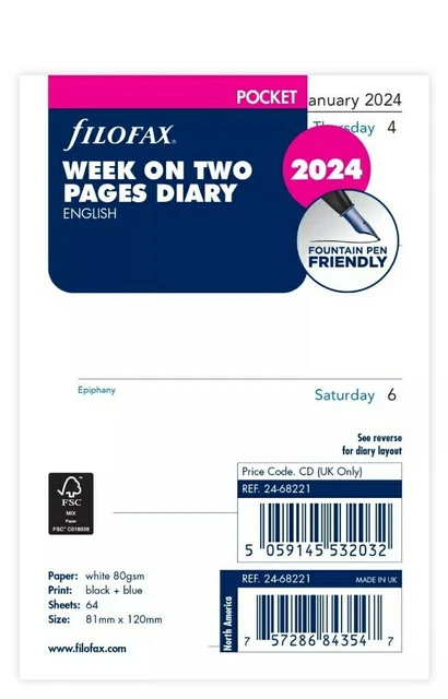 FILOFAX POCKET DIARY 2024 or 2025 Week On Two Pages Refill 68221 - Uk ...