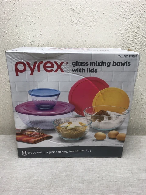 PYREX GLASS SCULPTED Ribbed Mixing Bowl Set 8 Pieces with Lids 4 Bowls ...