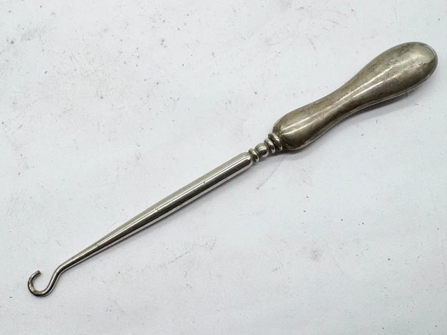 ANTIQUE SOLID SILVER Handled Button Hook Victorian Boot Shoe Fastening ...