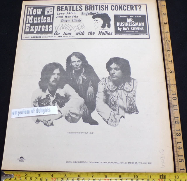 CREAM ERIC CLAPTON 1968 NME Front Page POSTER SIZED music press advert ...