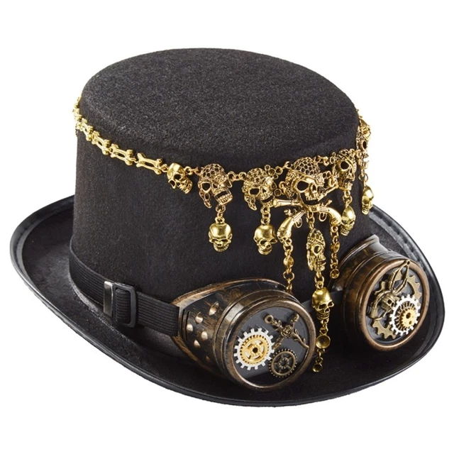 BLACK STEAMPUNK HAT Goggles Skull Jazz Hat Top Hat for Party Punk ...