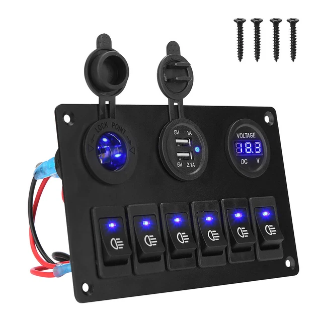 6 GANG 12V Switch Panel Control Rocker On-Off Toggle Dual USB Car Boat ...