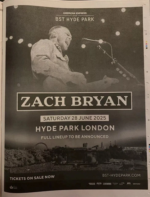 ZACH BRYAN LIVE BST Festival Hyde Ad 2025 Newspaper Advert Poster 14x11 ...