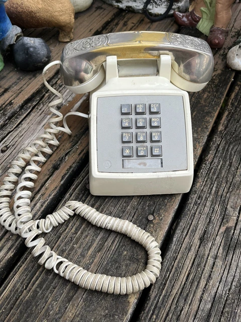 CREAM PUSH BUTTON Touch Tone Corded Telephone Phone Silver Handle Vtg ...