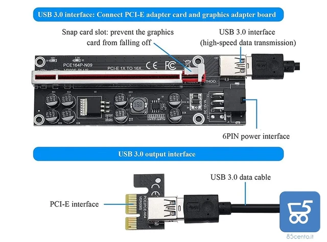 SCHEDA RISER V009S-PLUS PCIE 1X TO 16X per Bitcoin Ethereum Mining ...