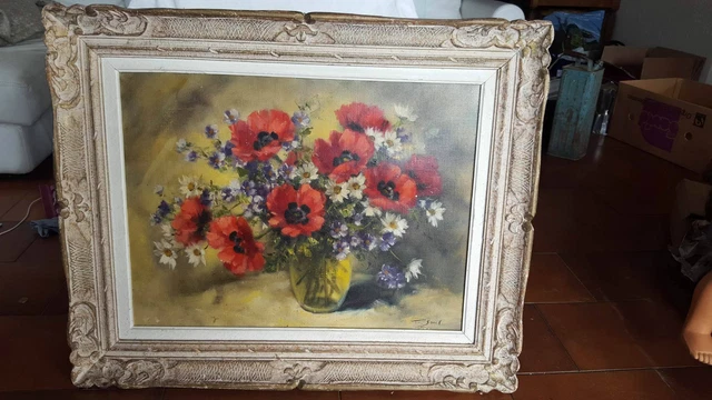 ANCIEN TABLEAU HUILE sur toile bouquet fleurs signé Pierre Sorel 1950 cadre bois EUR 200,00 ...