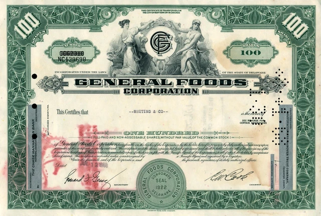 VINTAGE SHARES STOCK certificate crafting stage prop GENERAL FOODS ...